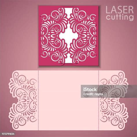 레이저 컷 웨딩 초대장 카드 템플릿 벡터입니다 레이스 패턴의 다이 컷 페이퍼 카드 레이저 절단 또는 다이 절단을위한 컷 아웃 종이 게이트 접이식 카드 게이트에 대한 스톡