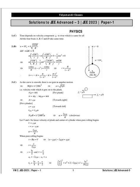 2023 Jee Advanced 3 Paper 1 Solutions Pdf Collision Physical