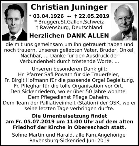 Traueranzeigen Von Christian Juninger Schwaebische De Trauerportal