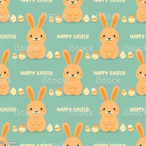행복한 부활절 부활절 귀여운 재미 있는 만화 토끼와 벡터 완벽 한 패턴입니다 부활절 휴일 디자인 플랫 토끼 토끼 벡터 일러스트 레이 션 0명에 대한 스톡 벡터 아트 및 기타