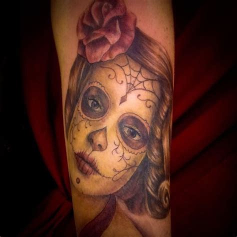 Rose Flowers Day Of The Dead Girl Head Tattoo On Full Sleeve Day Of The