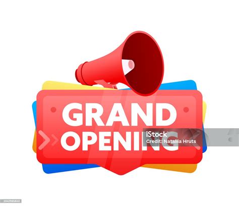 그랜드 오프닝 확성기 배너 라벨이 있는 배지 마케팅 및 광고 벡터 일러스트 레이 션 개념에 대한 스톡 벡터 아트 및 기타 이미지 개념 과시함 광고 Istock