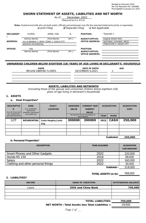 Saln Form Saln Form For Everyone Revised As Of January 2015 Per Csc Resolution No 1500088
