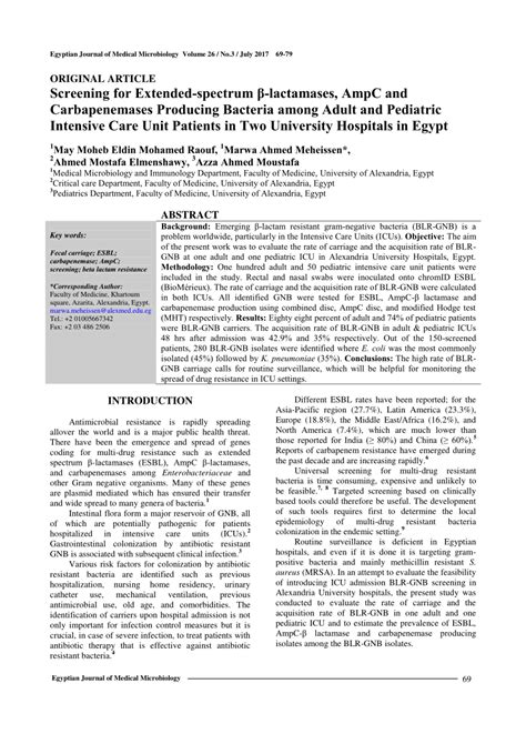 Pdf Screening For Extended Spectrum β Lactamases Ampc And Carbapenemases Producing Bacteria