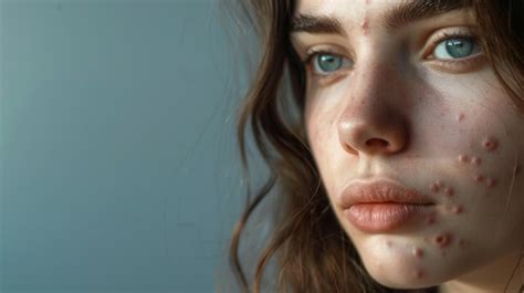 A closeup portrait of a young woman with acne on her face She has a sad expression and her eyes ...
