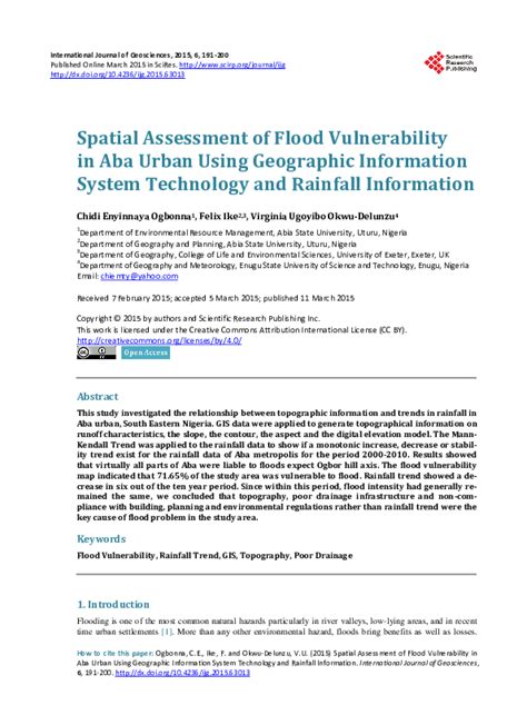 Pdf Spatial Assessment Of Flood Vulnerability In Aba Urban Using