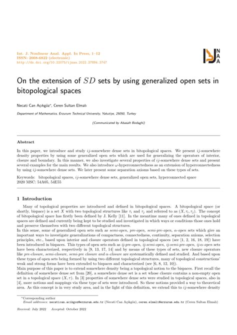 Pdf On The Extension Of Sd Sets By Using Generalized Open Sets In Bitopological Spaces