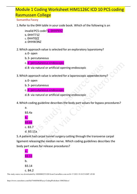 module 1 coding worksheet him1126c icd 10 pcs coding rasmussen college