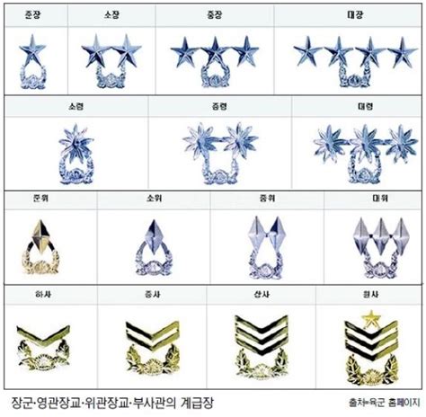 군대계급표 장군 영관장교 위관장교 부사관 병사 계급장 출처육군 홈페이지 네이버 블로그