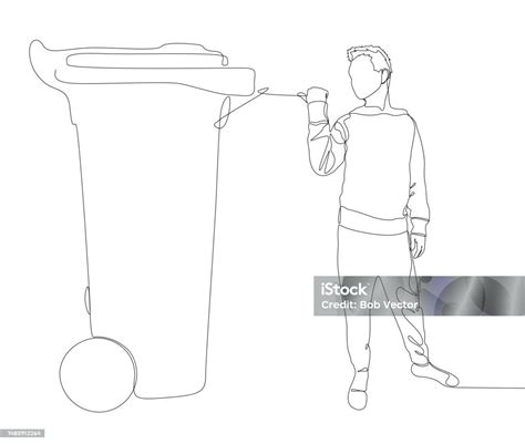 쓰레기통을 손가락으로 가리키는 남자의 연속적인 줄 가는 선 그림 벡터 개념입니다 등고선 그리기 창의적인 아이디어 가리키기에 대한