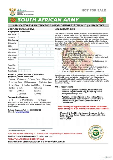 Sa Army Msds Application Form Printable Forms Free Online