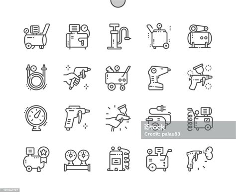 공기 압축기 기압계 공기 스프레이 건 로터리 압축기 장비 픽셀 완벽한 벡터 얇은 선 아이콘 간단한 최소 픽토그램 아이콘에 대한