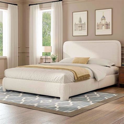Full Size Bed Frame With Headboard Boucle Upholstered
