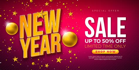 새해 복 많이 받으세요 판매 디자인 와 3d 타이포그래피 레터링 와 빨간 배경에 금색 크리스마스 공 휴일 특별 행사 캠페인 할인 일러스트레이션 쿠폰 바우처 배너 전단지