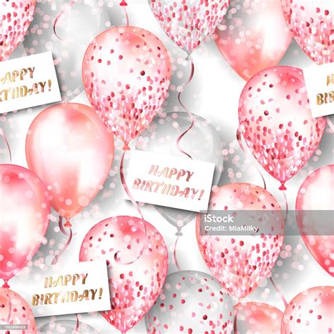 디자인을 위한 반짝이는 사실적인 3d 헬륨 풍선으로 만든 완벽 한 패턴 반짝이와 리본 광택 풍선 생일 파티 브로셔 초대장 카드