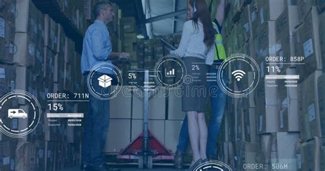 Discussing Logistics Warehouse Workers With Data Processing Animation