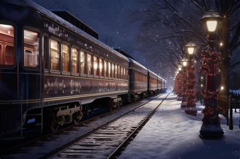 Premium Ai Image A Train Is Passing By A Christmas Tree And A Lamp Post
