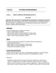 CSC121 Lab13 Sol Docx CSC121 PYTHON PROGRAMMING LAB 13 OBJECT ORIENTD PROGRAMING PART 2