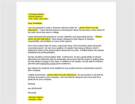 Character Reference Letter Template Character Reference Letter