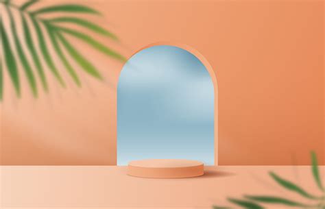 제품 프리젠 테이션 브랜딩 및 포장 프리젠 테이션을위한 화장품 오렌지 배경 최소한의 프리미엄 연단 디스플레이 잎 배경의 그림자 스튜디오 무대 3d 일러스트 디자인 공란에