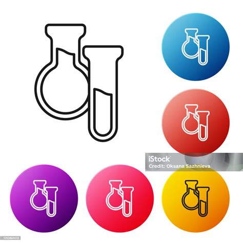 흰색 배경에 격리 된 검은 줄 테스트 튜브와 플라스크 아이콘 화학 실험실 테스트 실험실 유리 제품 아이콘 을 다채로운 원 버튼을 설정합니다 벡터 0명에 대한 스톡 벡터 아트