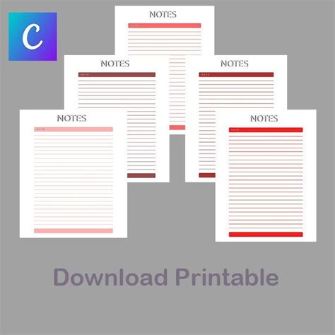 Red Notes Page Printable Printable Notes Page Notes Pad Bundle Note Canva Editable Lined