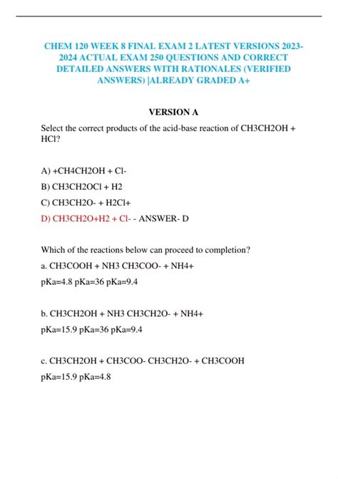 Chem 120 Week 8 Final Exam 2 Latest Versions Actual Exam 250 Questions And Correct Detailed