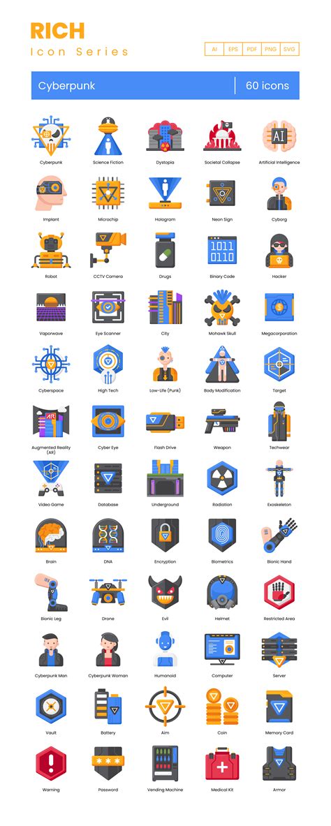60 Cyberpunk Icon Set Flat Icons