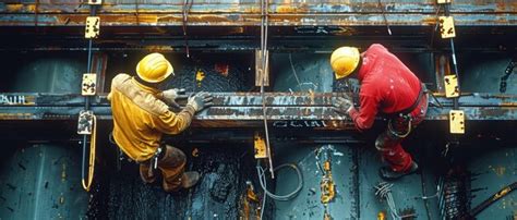 Skilled Workers Assembling Steel Beams At Highrise Construction Site