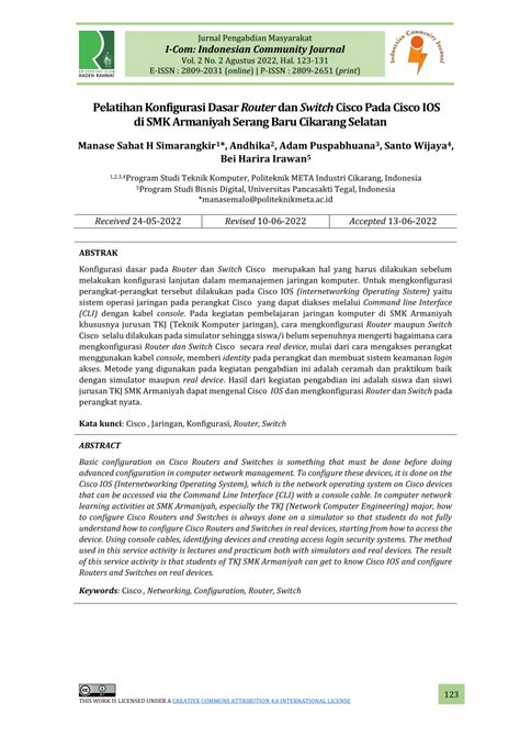 Pdf Pelatihan Konfigurasi Dasar Router Dan Switch Cisco Pada Cisco Ios Di Smk Armaniyah Serang