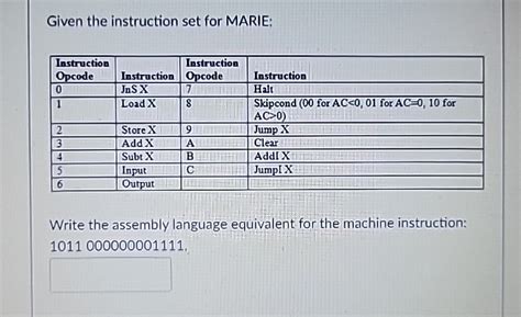 Solved Given The Instruction Set For MARIE Table Tabl
