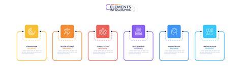 흰색 배경에 6개의 정사각형 프레임과 선형 그림이 있는 비즈니스 인포그래픽 요소 스타트업 개발 전략 시각화 상업 데이터 분석을 위한 현대 선형 벡터 일러스트레이션 0명에