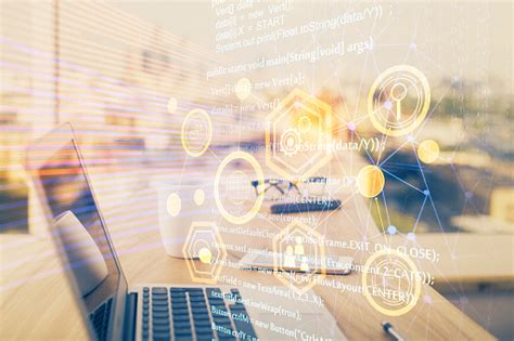 데스크톱 컴퓨터 및 기술 테마 홀로그램의 이중 노출 소프트웨어 개발의 개념 0명에 대한 스톡 사진 및 기타 이미지 0명