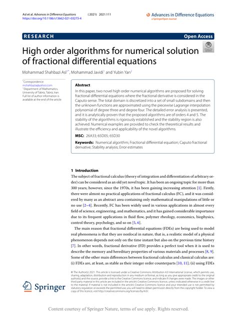 Pdf High Order Algorithms For Numerical Solution Of Fractional Differential Equations