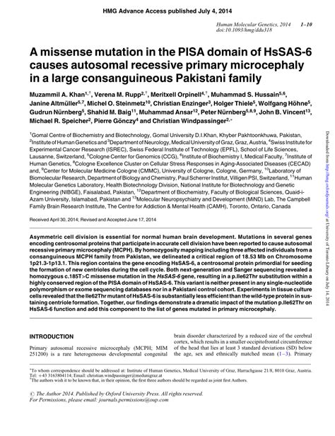 Pdf A Missense Mutation In The Pisa Domain Of Hssas 6 Causes