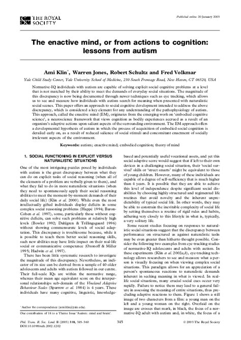 Pdf The Enactive Mind Or From Actions To Cognition Lessons From Autism
