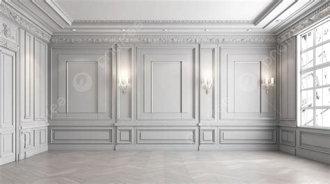 아름다운 벽 몰딩 디자인과 흰색 나무 바닥 3d 렌더링을 갖춘 우아한 실내 벽 패널 호화로운 벽 방 벽 배경 일러스트 및