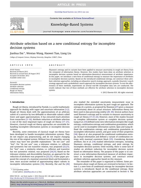 Pdf Attribute Selection Based On A New Conditional Entropy For Incomplete Decision Systems