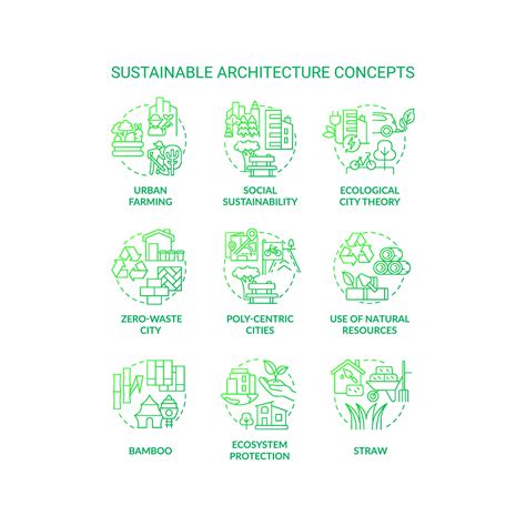 Sustainable Architecture Green Gradient Concept Icons Set Ecological City Theory Idea Thin Line