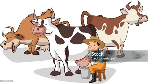 Peternak Kartun Memerah Susu Sapi Ilustrasi Stok Unduh Gambar