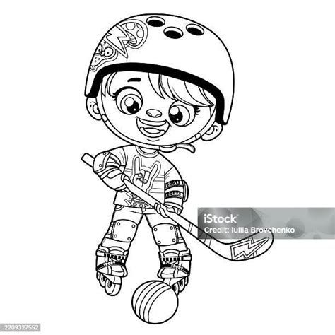 헬멧을 쓴 귀여운 만화 소년이 색칠 공부 페이지를 위해 윤곽이 그려진 막대기와 공으로 롤러 하키를 하고 있습니다 개인 장식품에 대한 스톡 벡터 아트 및 기타 이미지 Istock