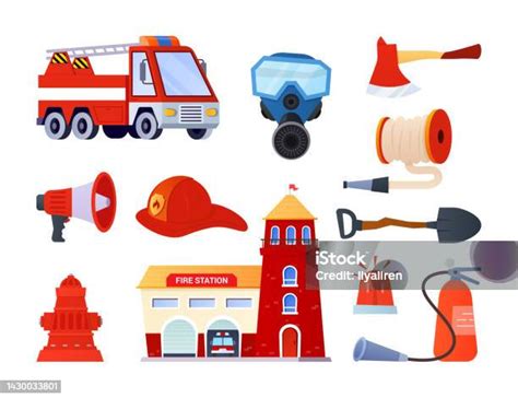 화재를 진압하는 소방관 키트 평면 디자인 스타일 객체 세트 소방관에 대한 스톡 벡터 아트 및 기타 이미지 소방관 아이콘 소방차 Istock