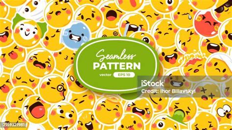 노란색 이모티콘이 있는 원활한 패턴입니다 이모티콘 설정 벡터 일러스트 레이 션 Eps10 얼굴 표정이 있는 재미있는 얼굴 메신저 앱용 Ui 인터페이스 채팅 아이콘 소셜