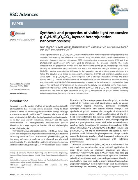 Pdf Synthesis And Properties Of Visible Light Responsive G C 3 N 4 Bi 2 O 2 Co 3 Layered