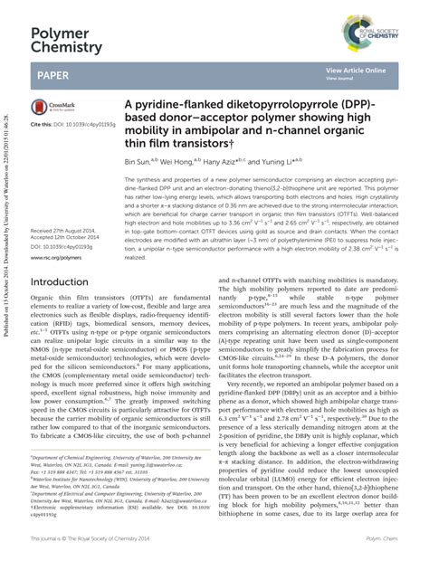 Pdf A Pyridine Flanked Diketopyrrolopyrrole Dpp Based Donor Acceptor Polymer Showing High