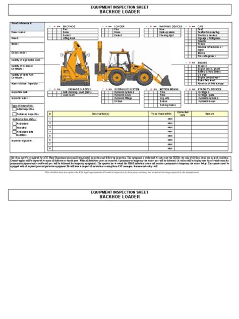 Backhoe Checklist Pdf Loader Equipment Truck