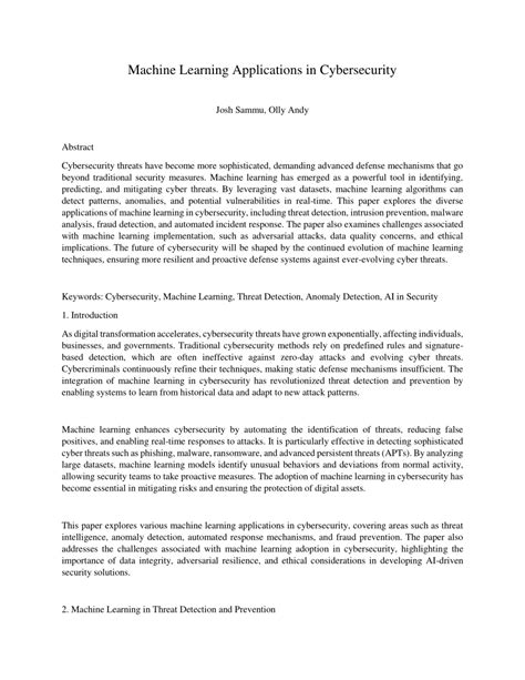 Pdf Machine Learning Applications In Cybersecurity