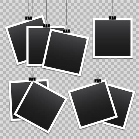 터 빈 사진 프레임 은 금속 종이 클립과 그림자가 투명한 배경에 고립 된 템플릿 모 사진 디자인 프리미엄 벡터
