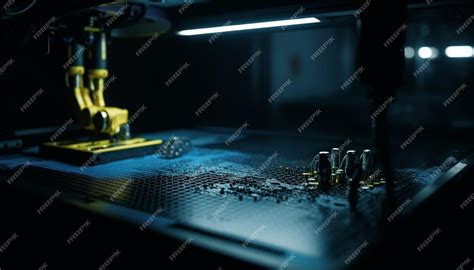 Premium Ai Image Futuristic Computer Chip Manufacturing Robotic Arm Complex Machinery