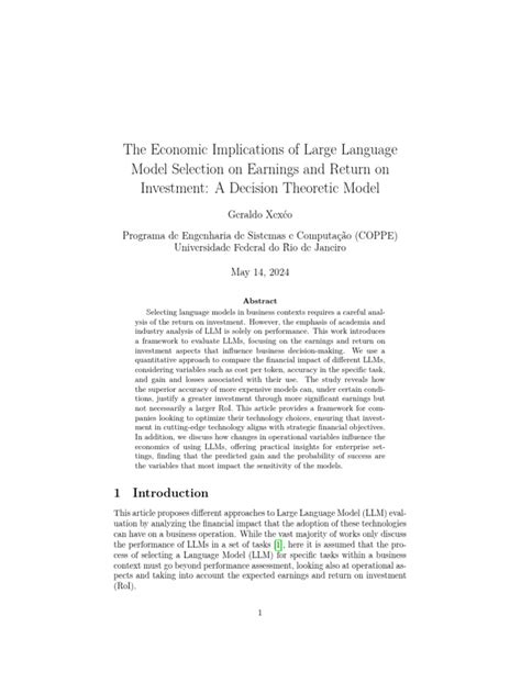 The Economic Implications Of Large Language Model Selection On Earnings And Return On Investment